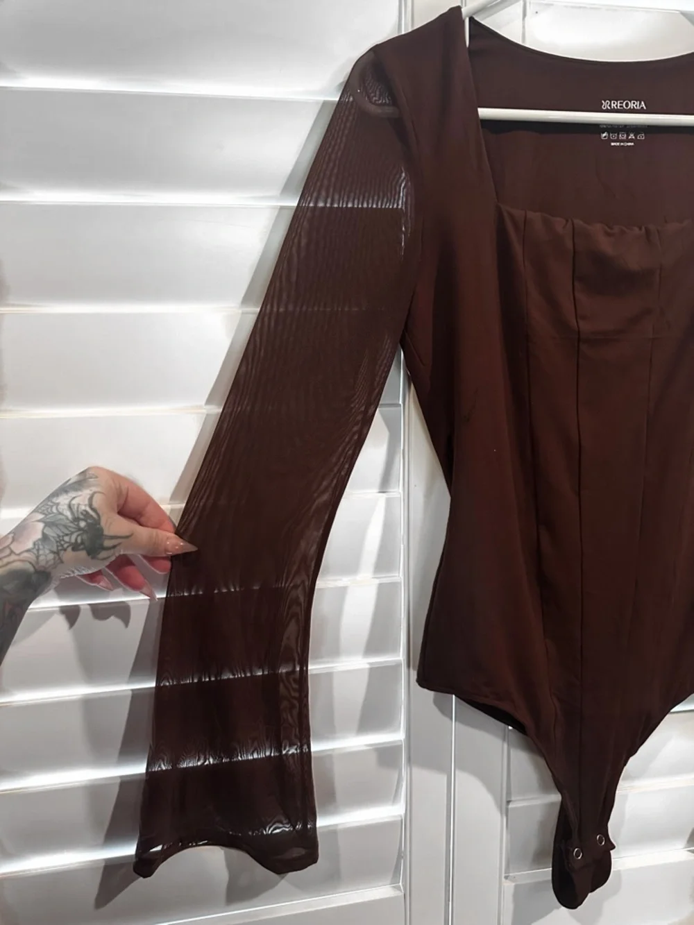 ReoRia | Tops | Reoria Chocolate Brown Sheersleeve Square Neck Bodysuit ...